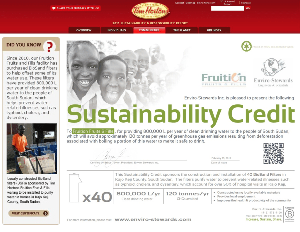 Tim Hortons 2011 Sustainability Report Features BioSand Filters ...